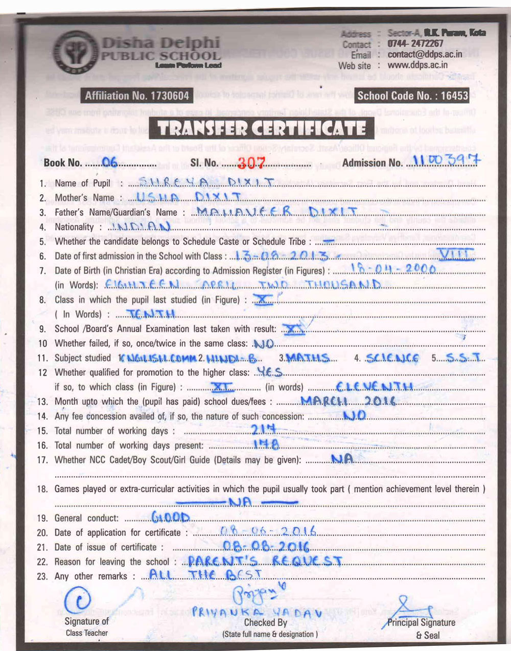 Disha Delphi Public School: TC-Issued by DDPS