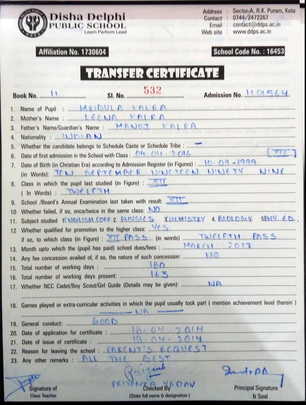 Disha Delphi Public School: TC-Issued by DDPS