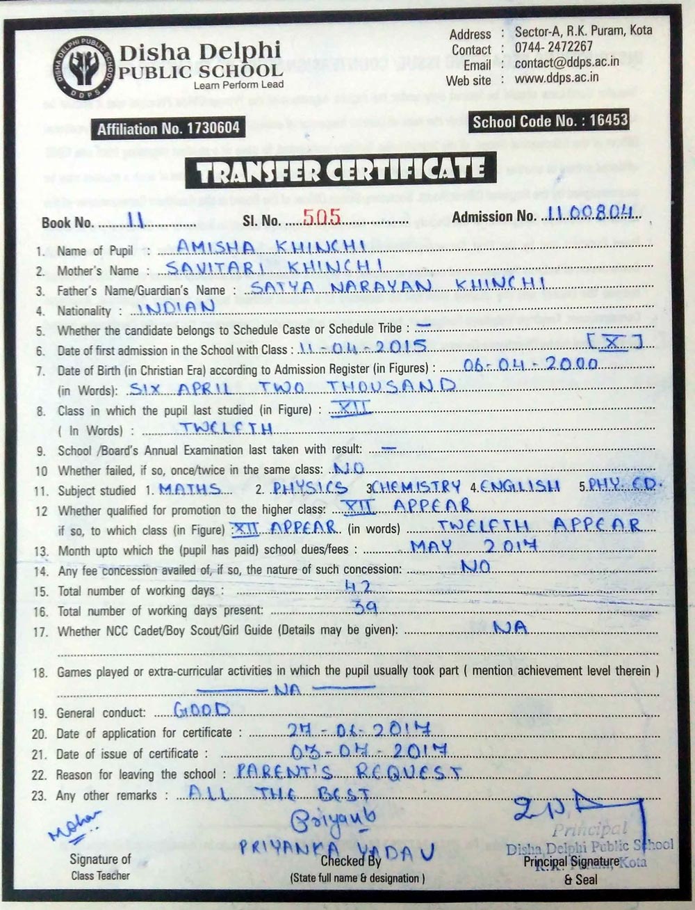 Disha Delphi Public School: TC-Issued by DDPS