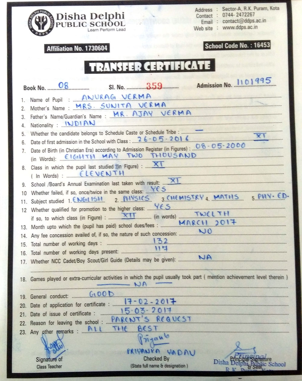 Disha Delphi Public School: TC-Issued by DDPS