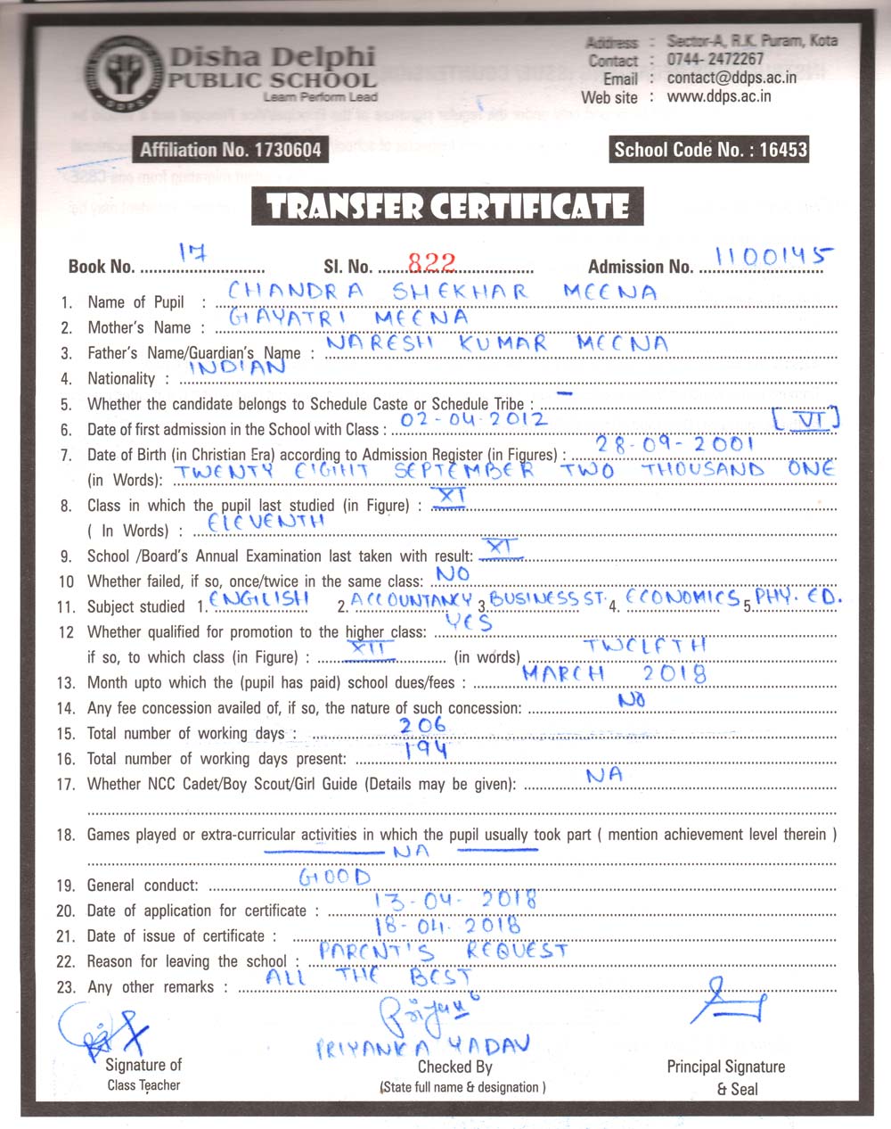 Disha Delphi Public School: TC-Issued by DDPS