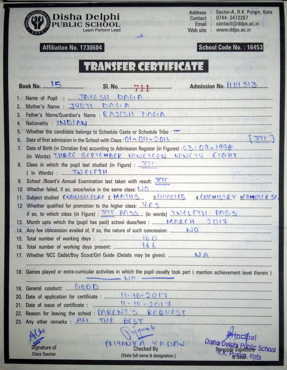 Disha Delphi Public School: TC-Issued by DDPS