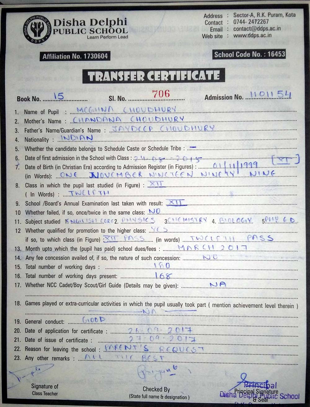 Disha Delphi Public School: TC-Issued by DDPS