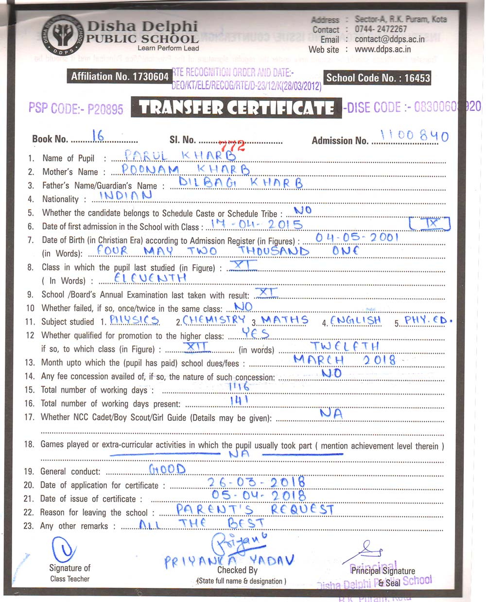 Disha Delphi Public School: TC-Issued by DDPS