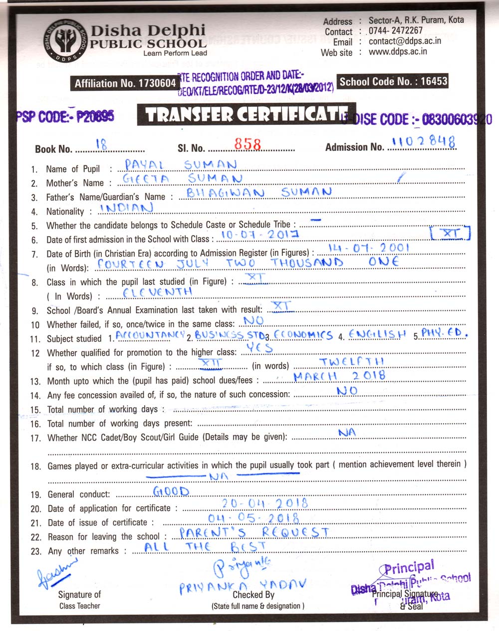 Disha Delphi Public School: TC-Issued by DDPS