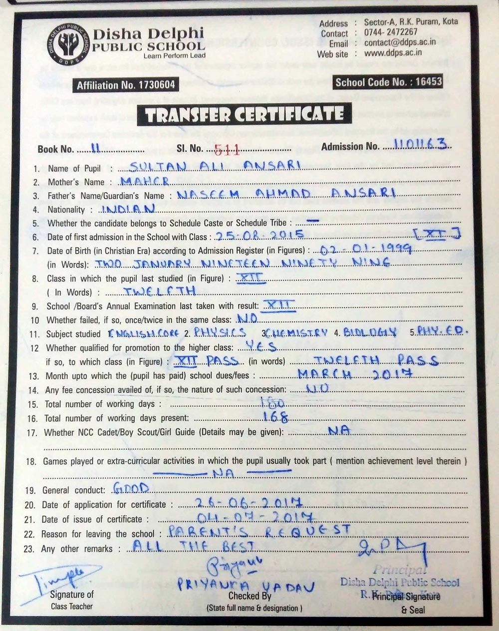 Disha Delphi Public School: TC-Issued by DDPS