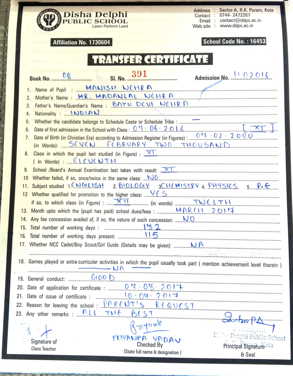 Disha Delphi Public School: TC-Issued by DDPS