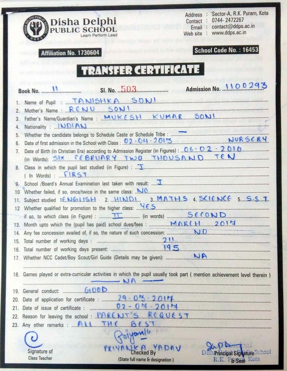 Disha Delphi Public School: TC-Issued by DDPS